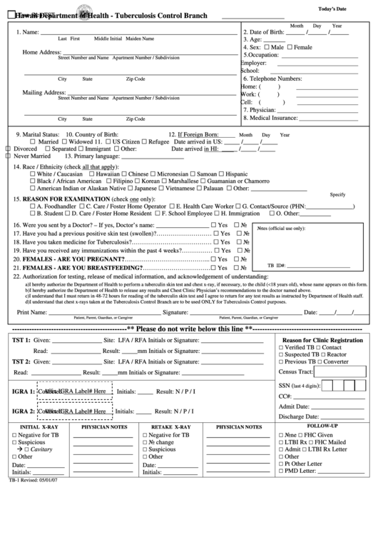 Tuberculosis Registration Form - Hawaii Department Of Health printable ...