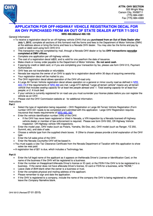 Fillable Form Ohv 001d - Application For Off-Highway Vehicle ...