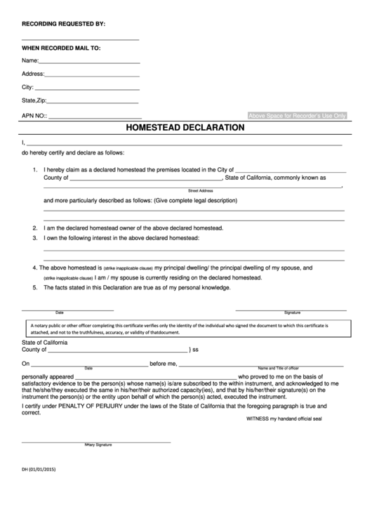 Fillable Homestead Declaration State Of California 2015 Printable 