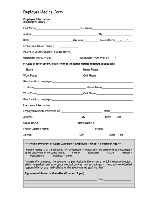 Employee Medical Form printable pdf download