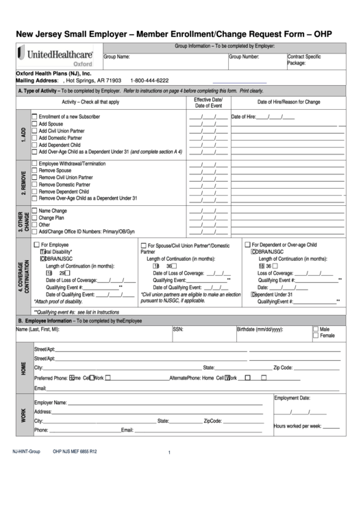 New Jersey Small Employer - Member Enrollment/change Request Form - Ohp ...