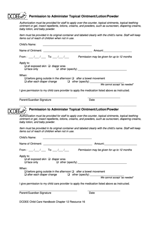 Permission To Administer Topical Ointment/lotion/powder Form printable ...