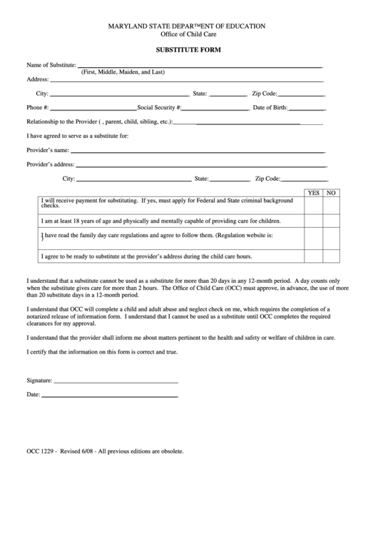 Form Occ 1229 - Substitute Form printable pdf download