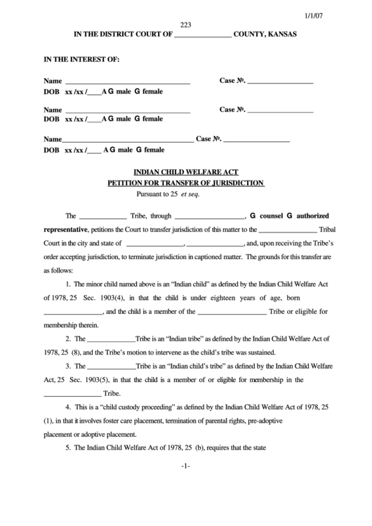 Indian Child Welfare Act Petition For Transfer Of Jurisdiction Form ...