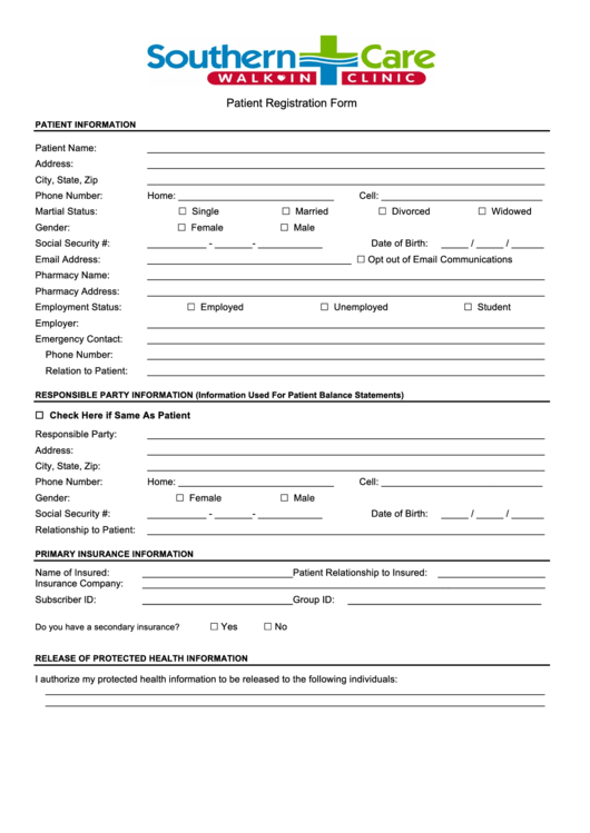 Fillable Patient Registration Form printable pdf download