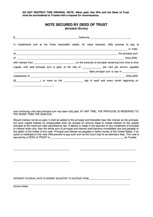 Promissory Note Secured By Deed Of Trust Template