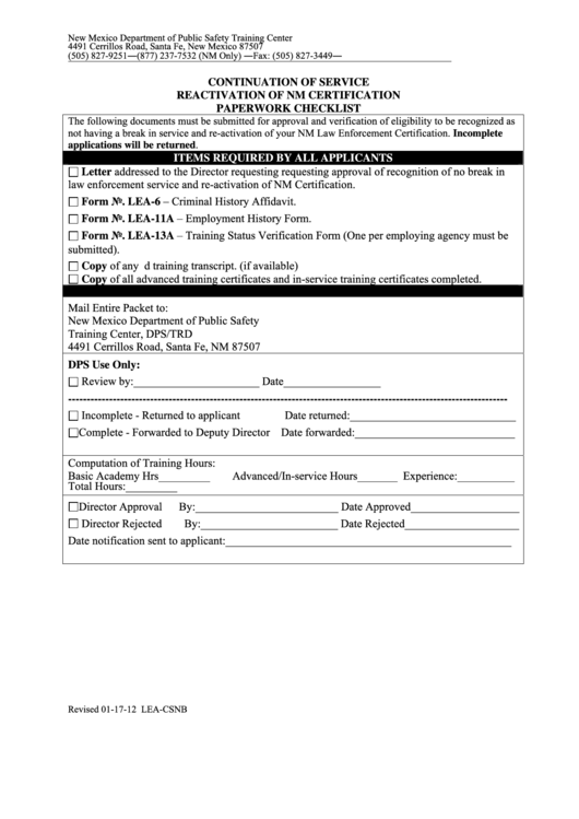 Fillable Continuation Of Service Reactivation Of Nm Certification Paperwork Checklist Form ...