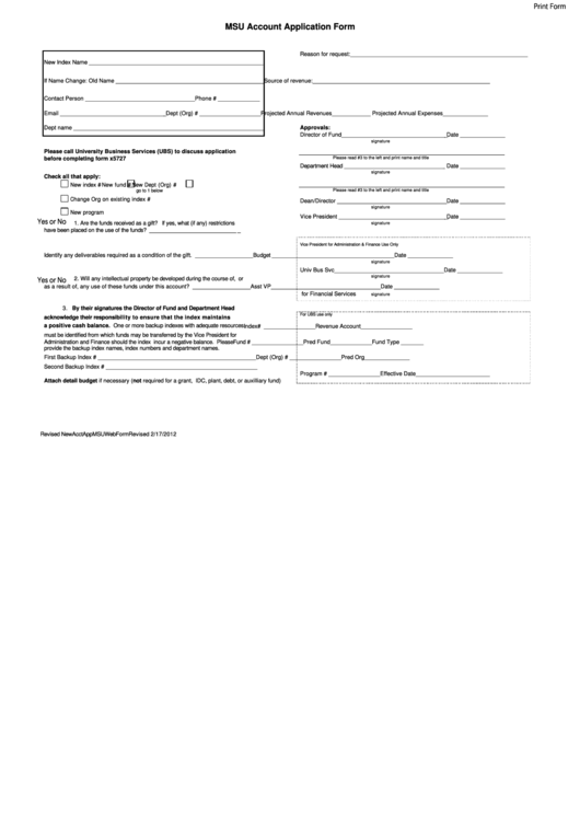 Fillable Msu Account Application Form printable pdf download