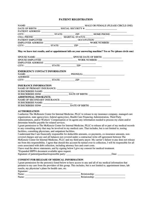Patient Registration Form printable pdf download