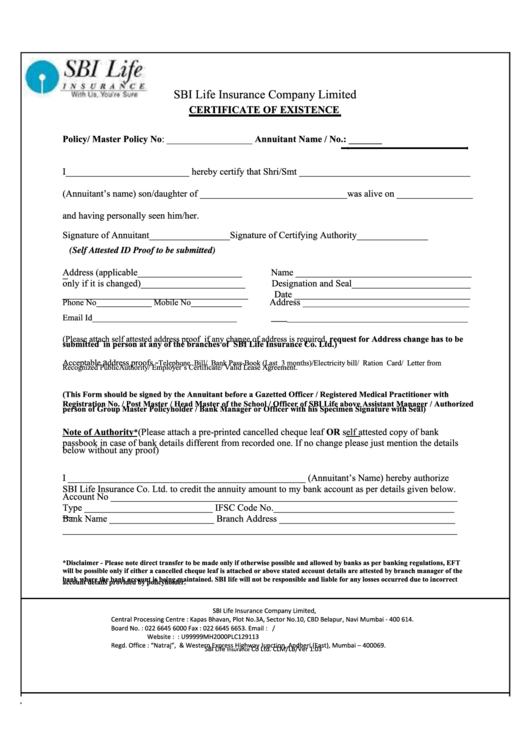 Certificate Of Existence Form Sbi Life Insurance Printable Pdf Download