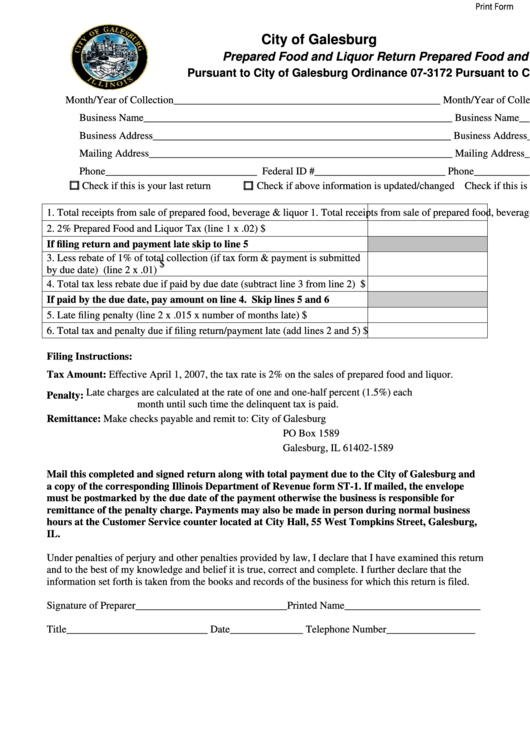Fillable Prepared Food And Liquor Return Form - Galesburg printable pdf ...