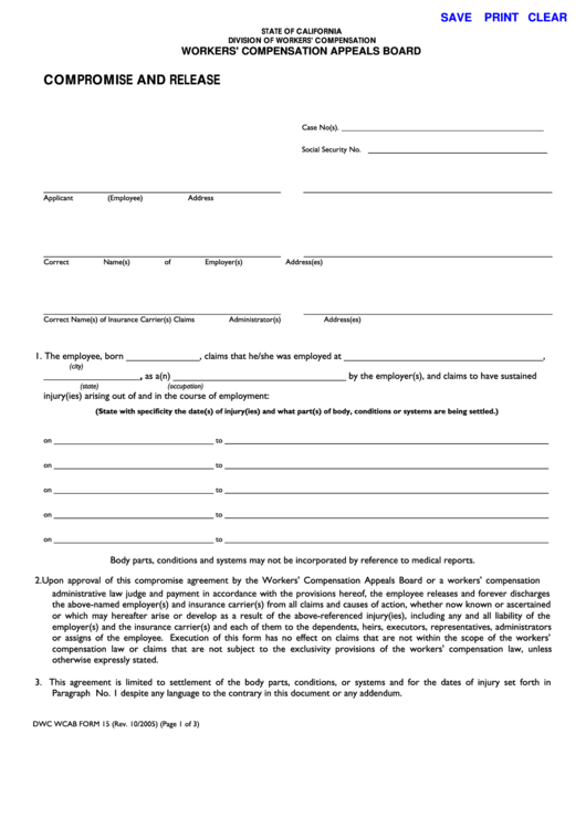 Fillable Dwc Wcab Form 15 - Compromise And Release printable pdf download