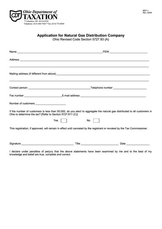 Form Mcf-1 Application For Natural Gas Distribution Company printable ...