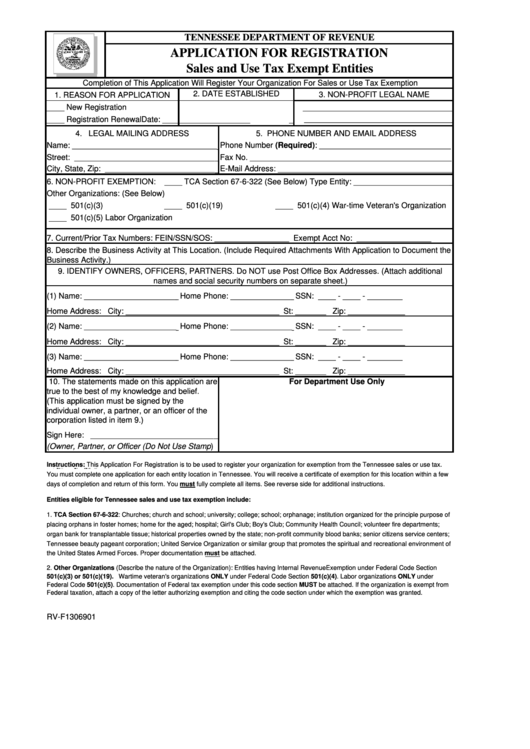 Form Rv-F1306901 Application For Registration Sales And Use Tax Exempt ...