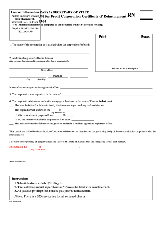 Fillable Form Rn 53-24 Not For Profit Corporation Certificate Of ...