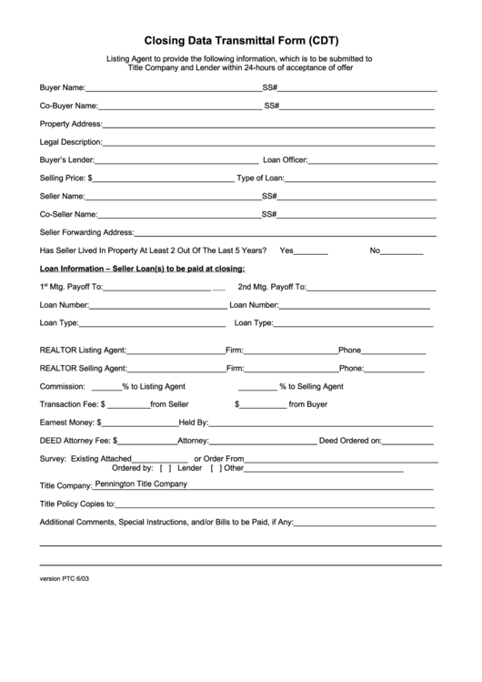 Fillable Closing Data Transmittal Form printable pdf download