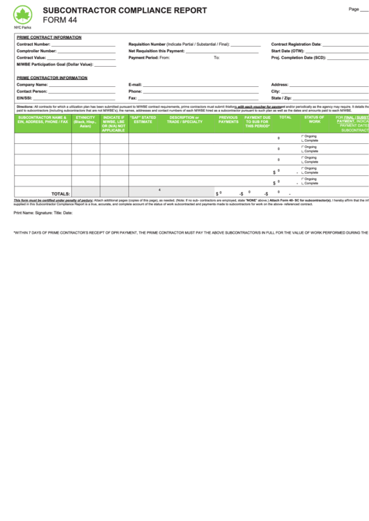 Fillable Form 44 - Subcontractor Compliance Report - Nyc Parks ...