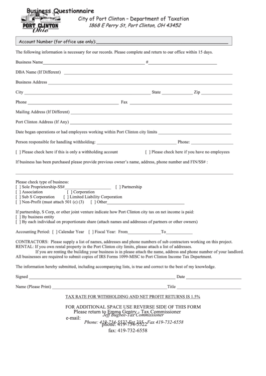 Business Questionnaire Tax Form printable pdf download