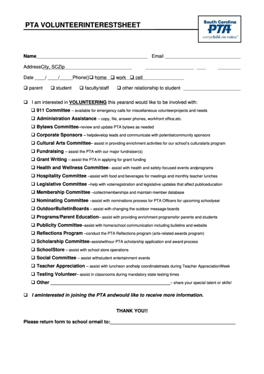 Fillable Pta Volunteer Interest Sheet printable pdf download