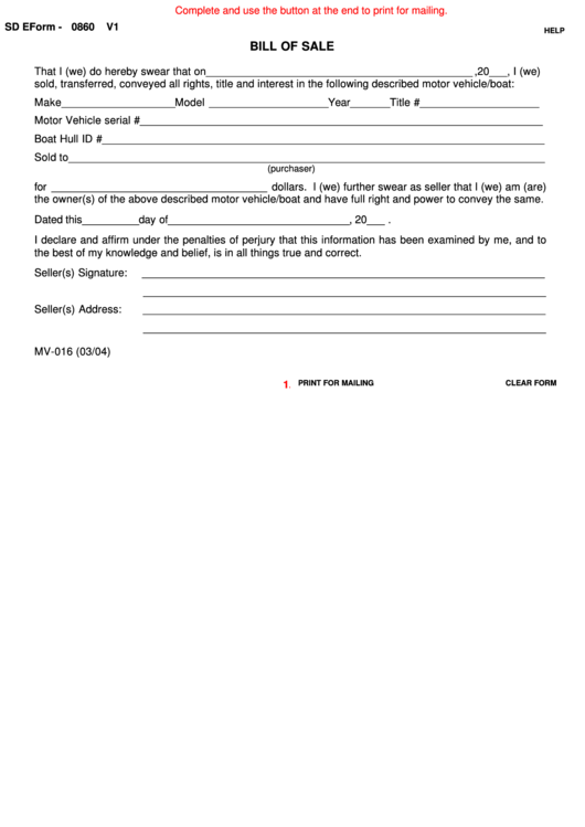 Fillable Sd Eform - 0860 V1 - Vehicle Bill Of Sale printable pdf download Fillable Sd Eform - 0860 V1 - Vehicle Bill Of Sale printable pdf download