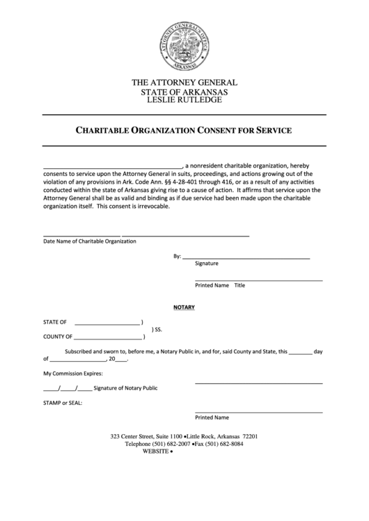 Fillable Charitable Organization Consent For Service Form - Arkansas ...