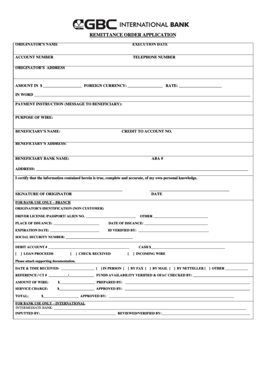 Fillable Remittance Order Application Form printable pdf download