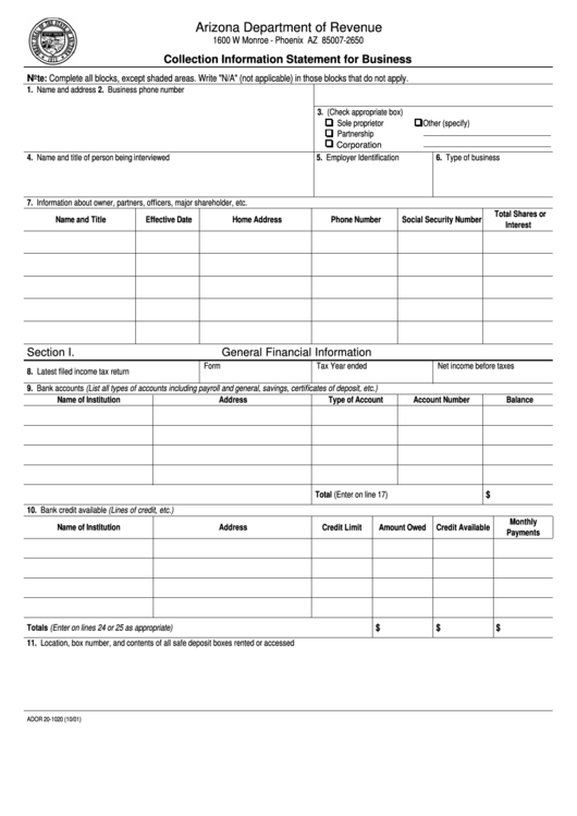 Form Ador 20 1020 Collection Information Statement For Business