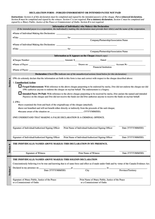 Declaration Form - Forged Endorsement Or Intended Payee Not Paid ...