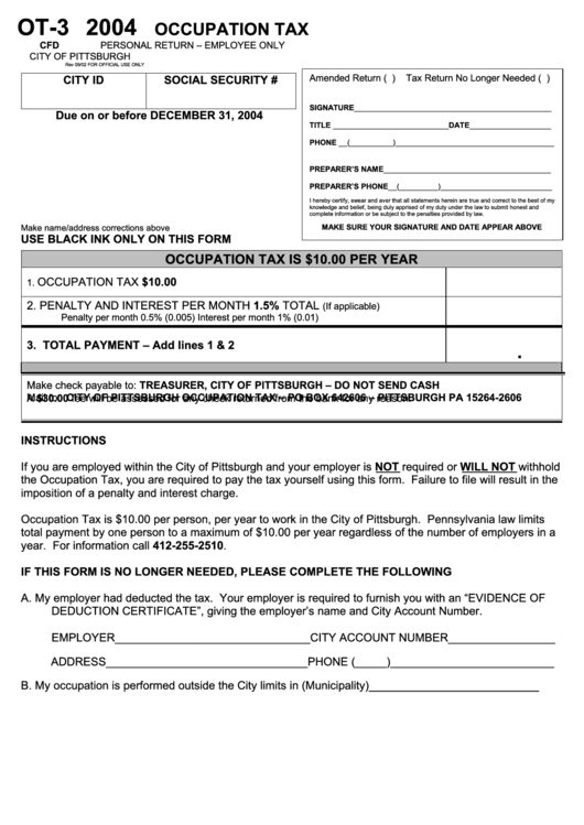 Form Ot-3 - Occupation Tax Personal Return - Employee Only - 2004 ...