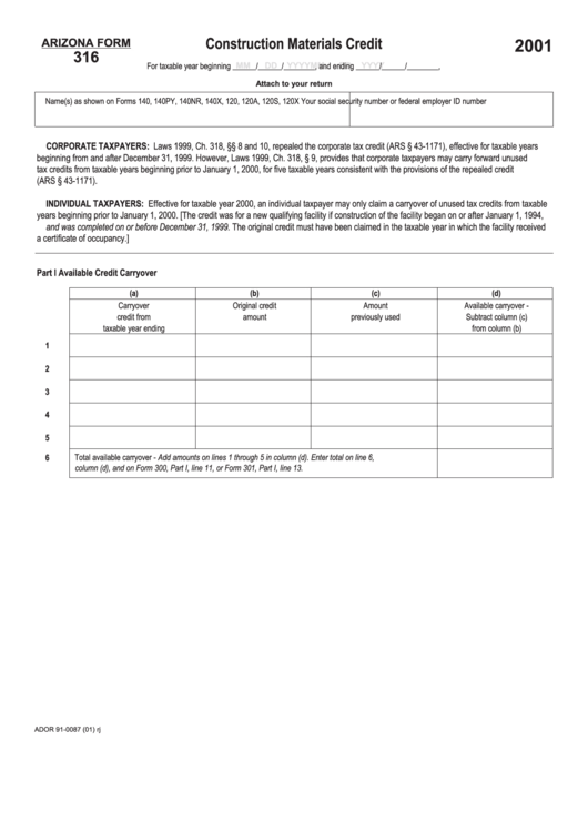 Arizona Form 316 - Construction Materials Credit - 2001 printable pdf ...