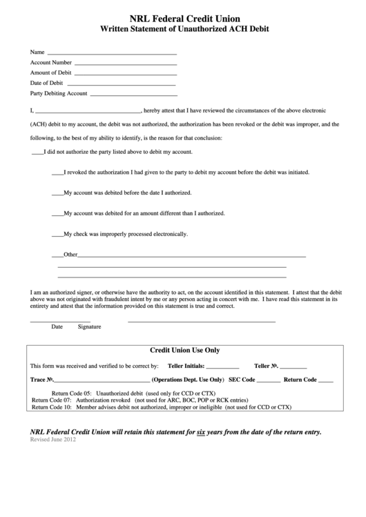 Fillable Written Statement Of Unauthorized Ach Debit Form Printable Pdf