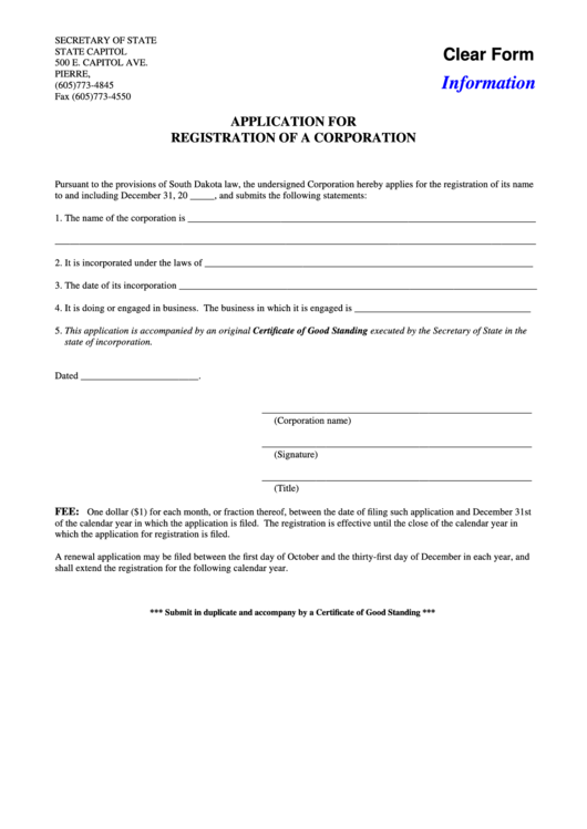 Fillable Application For Registration Of A Corporation Form printable ...