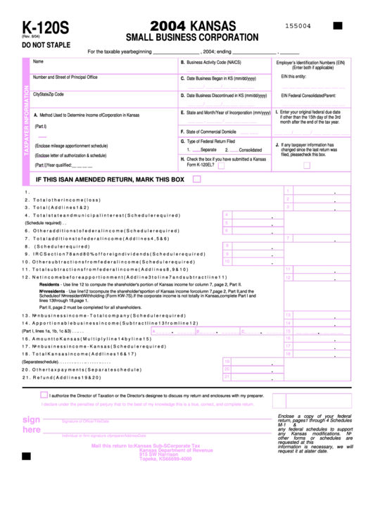 Form K-120s - Kansas Small Business Corporation - 2004 printable pdf ...