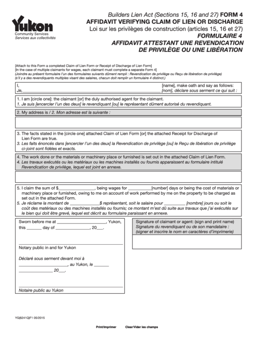 Fillable Form 4 - Affidavit Verifying Claim Of Lien Or Discharge ...