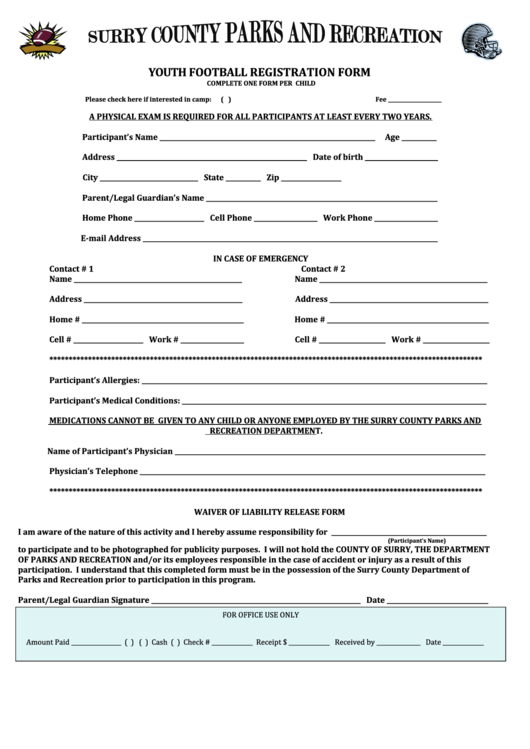 Youth Football Registration Form County Of Surry The Department Of 