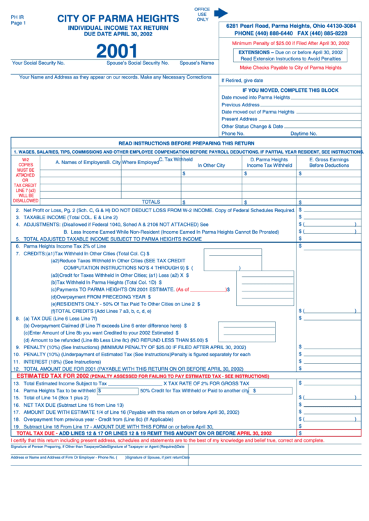 Form Ph Ir - Individual Income Tax Return - City Of Parma Heights ...