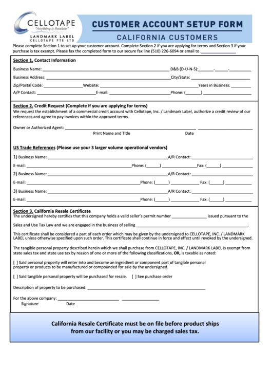 Fillable Resale Certificate Request - Customer Account Setup Form ...