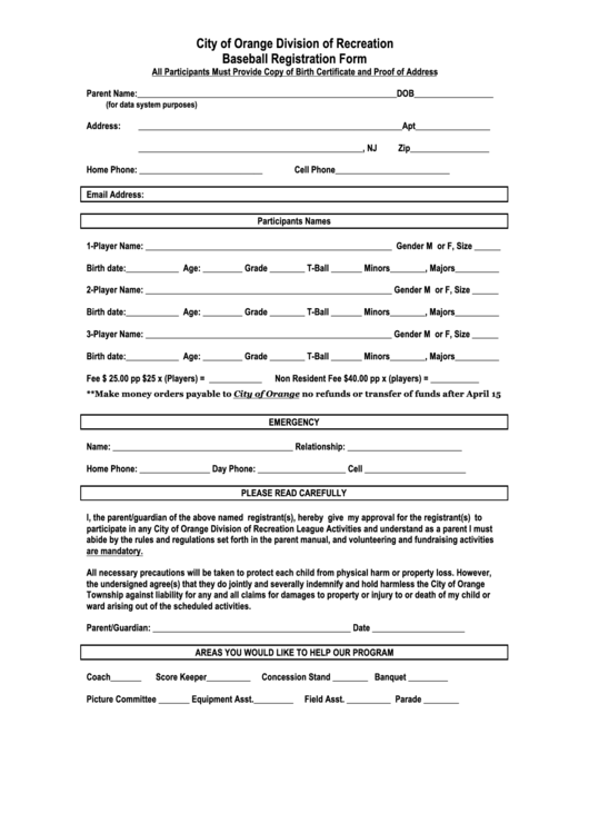 Printable Baseball Registration Form Template Printable Templates