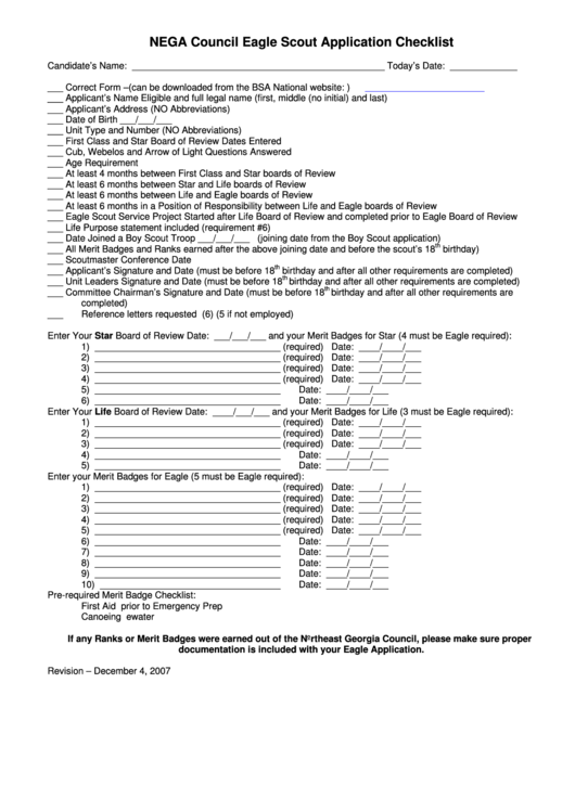 Nega Council Eagle Scout Application Checklist Form Printable Pdf Download