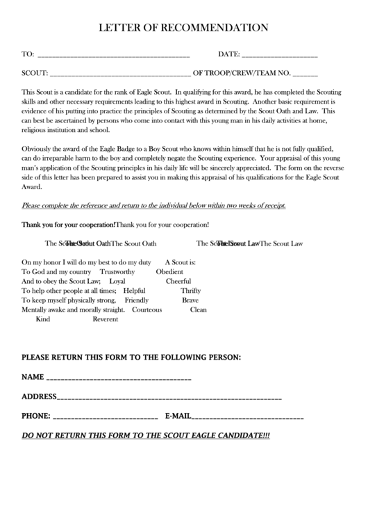 Eagle Scout Letter Of Recommendation Template Printable Pdf Download