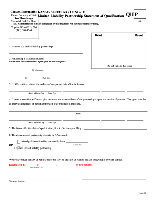 Fillable Limited Liability Partnership Statement Of Qualification Form ...
