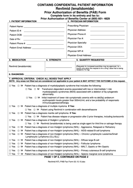 Revlimid (Lenalidomide) Prior Authorization Of Benefits (Pab) Form ...