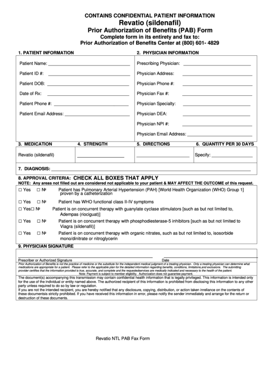 Revatio (Sildenafil) Prior Authorization Of Benefits (Pab) Form ...