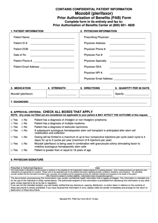 Mozobil (Plerifaxor) Prior Authorization Of Benefits (Pab) Form ...