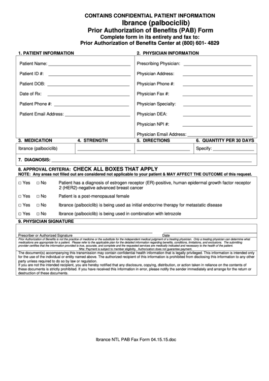 Ibrance (Palbociclib) Prior Authorization Of Benefits (Pab) Form ...
