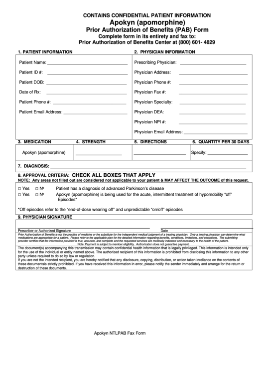 Apokyn (Apomorphine) Prior Authorization Of Benefits (Pab) Form ...