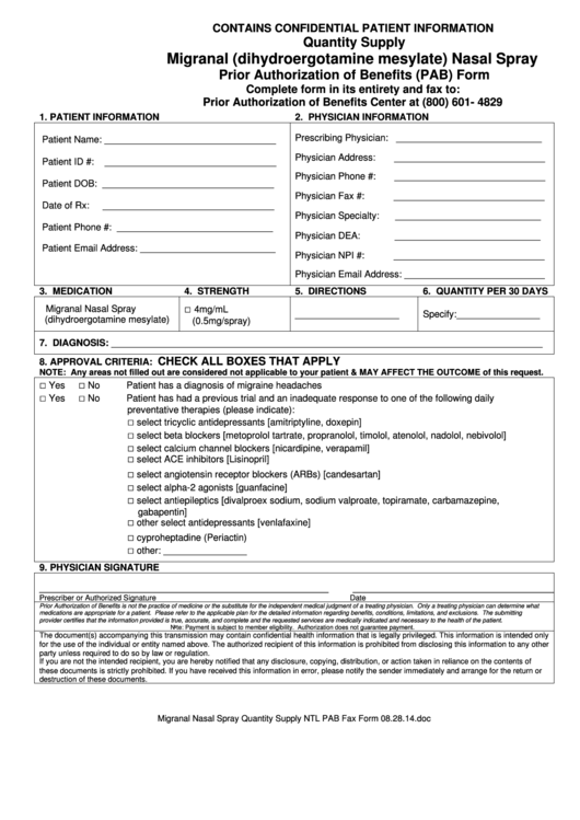 Migranal (Dihydroergotamine Mesylate) Nasal Spray Prior Authorization ...