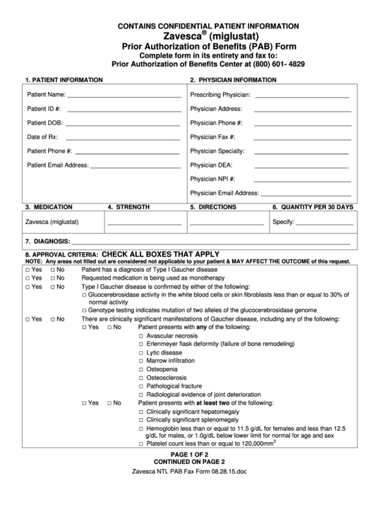 Zavesca (Miglustat) Prior Authorization Of Benefits (Pab) Form ...