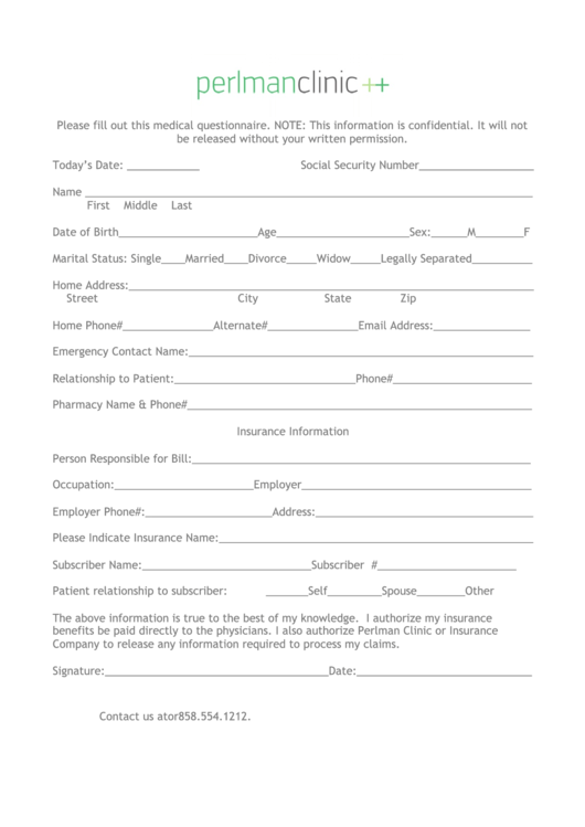 Medical Questionnaire Form printable pdf download