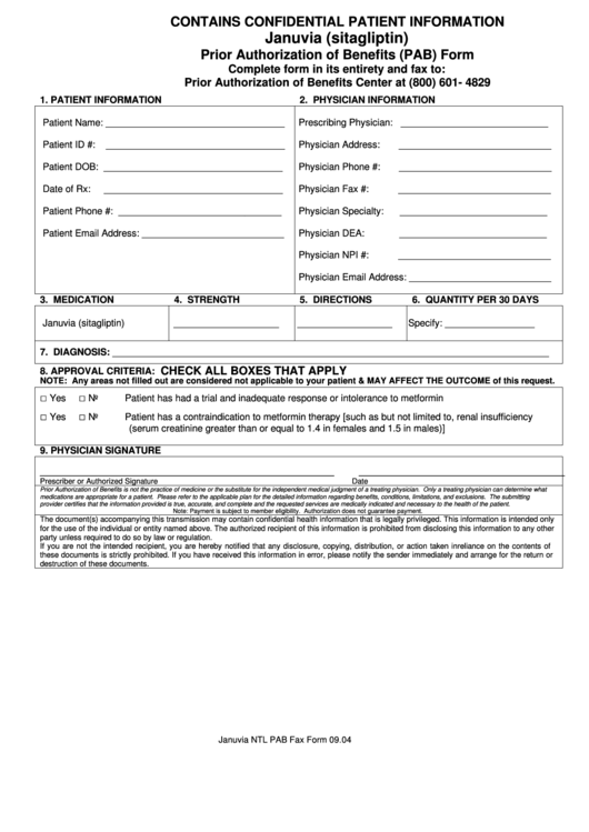Januvia (Sitagliptin) Prior Authorization Of Benefits (Pab) Form ...